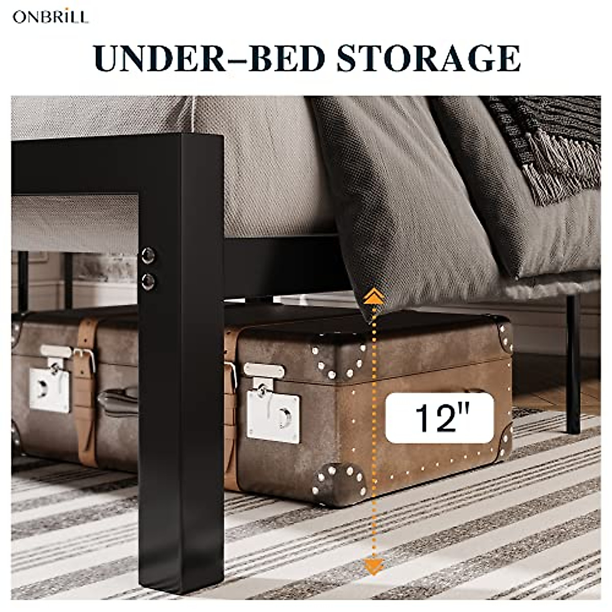 ONBRILL Full Size Modern Metal Bed Frame with Contemporary Faux Leather and Upholstered Headboard，No Box Spring Needed, Black