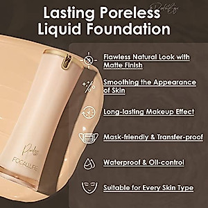 FOCALLURE PerfectBase Lasting Poreless Liquid Foundation, Medium to Full Coverage with Matte Finish, Covers Blemishes & Under-Eye Circles for All Skin Types, YL02 Cashmere