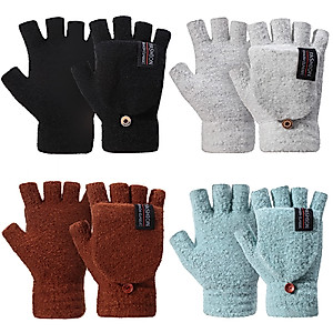 SATINIOR 4 Pairs Fingerless Gloves for Women Warm Mittens with Cover Convertible Knitted Mittens for Winter Cold Weather (Classic Colors)