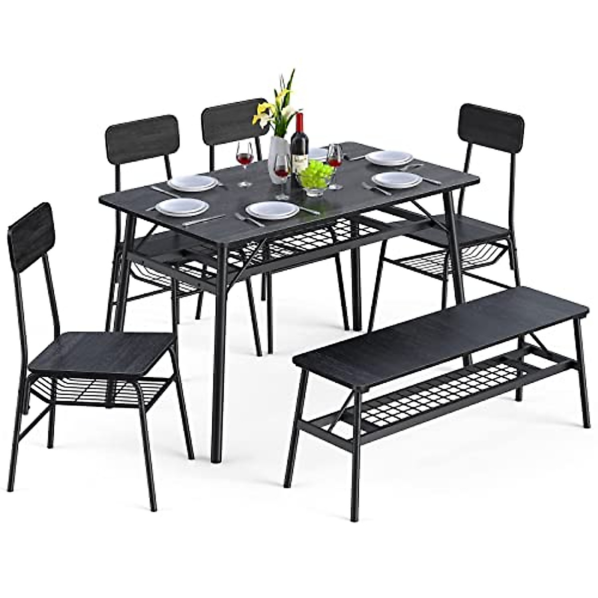 Bealife Dining Table Set for 6 with Bench, 6 Piece Dinette Set W/Chairs for Small Space, Kitchen Table and Chairs for 6 with Rectangular Table, Bench, 4 Chairs, Storage Rack, Steel Frame - Black