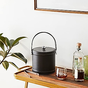 Kraftware Ice Bucket with Stitched Handle, Fabric Lid and Chrome Astro Ball Knob, Black - 3 Quart