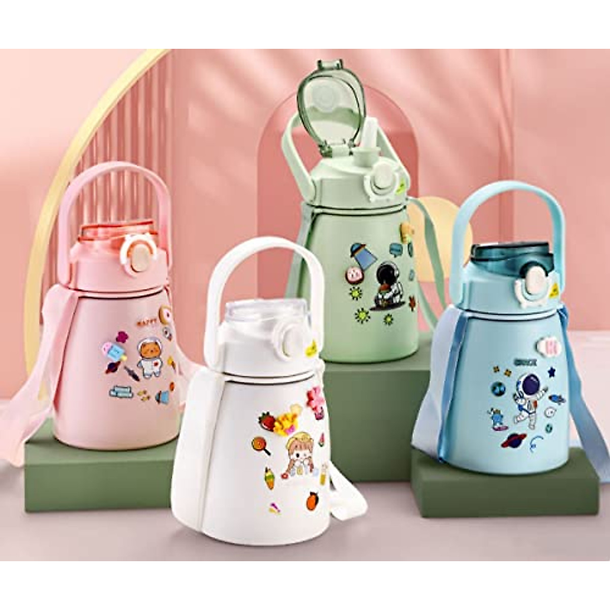 Tualrvvc Insulated Water Bottle 32 oz for Kids Flip-Top Thermos Random Cute Stickers Big Belly Bottle with Straw Handle Strap Light Navy Blue