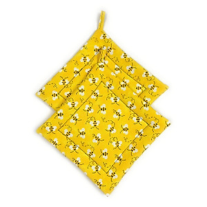 Set of Two Honey Bumble Bees on Yellow Square Pot Holders Hot Pads Trivets Hot Pan Plate Holders