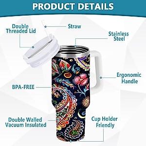 xigua 30 oz Paisley Flower Tumbler with Handle and Straw Lid, Stainless Steel Vacuum Insulated Sports Water Bottle, Keeps Cold or Hot Coffee Cup Travel Mug
