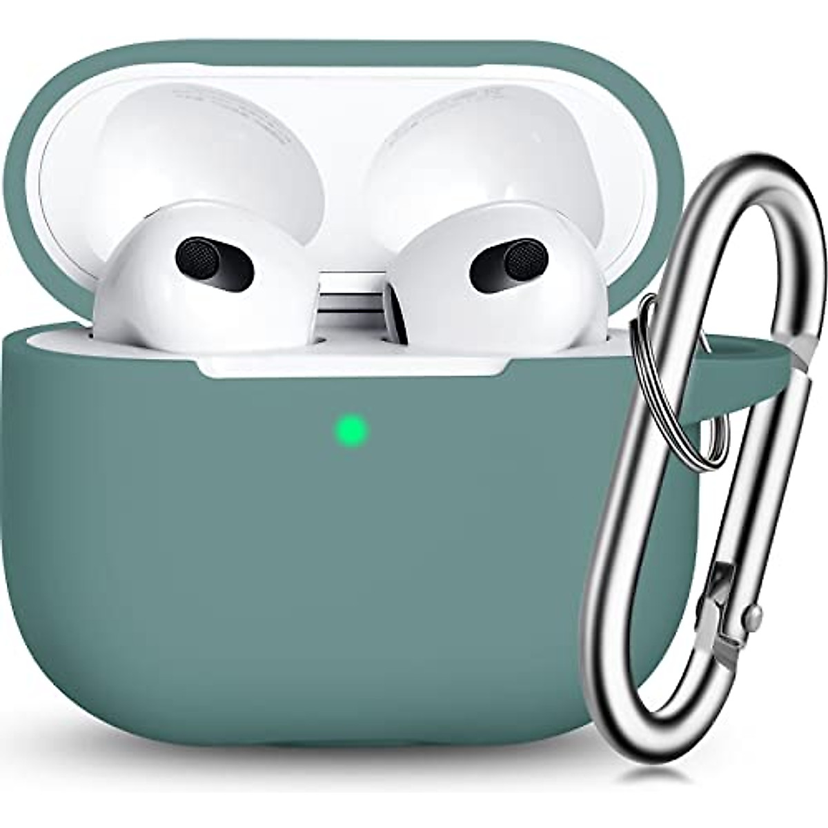 R-fun AirPods 3 Case Cover, Silicone Protective Accessories Skin with Keychain Compatible with Apple AirPod 3rd Generation 2021 for Women Men Girls Boys,Front LED Visible-Pine Green