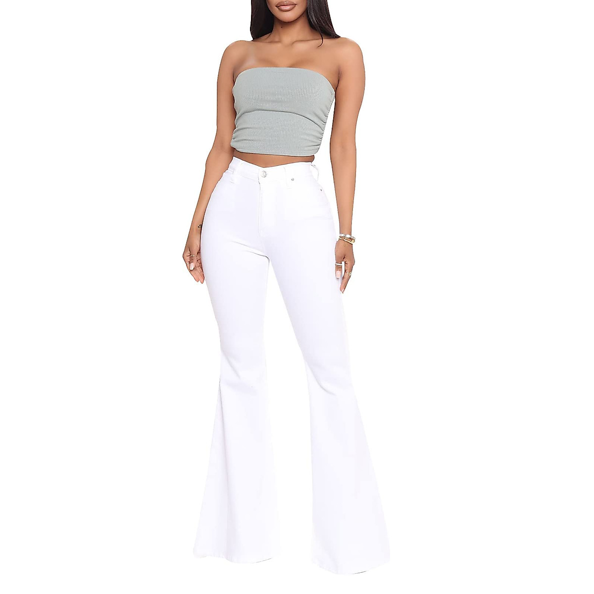 Women's Bell Bottom Jeans for Women High Waisted Flare Jeans Womens Ripped Stretchy Bell Bottoms Pants(White, US 12)