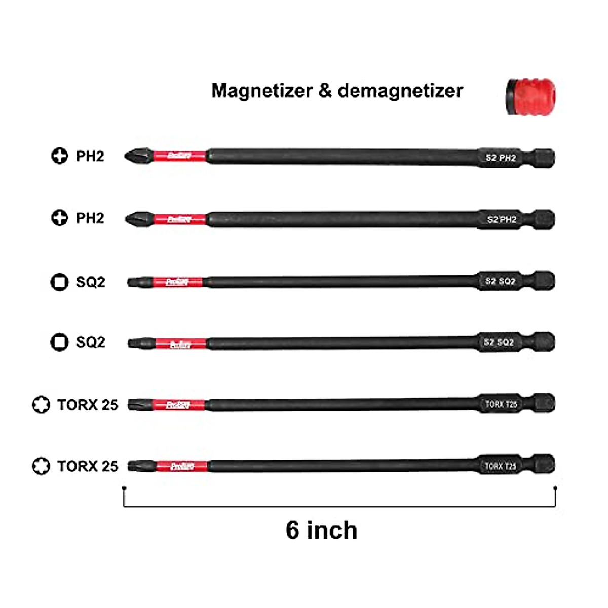 Protorq Long Impact Bit Set, PH2 SQ2 T25, 6-Inch Length, 6-Piece with 1-Piece Magnetizer & demagnetizer