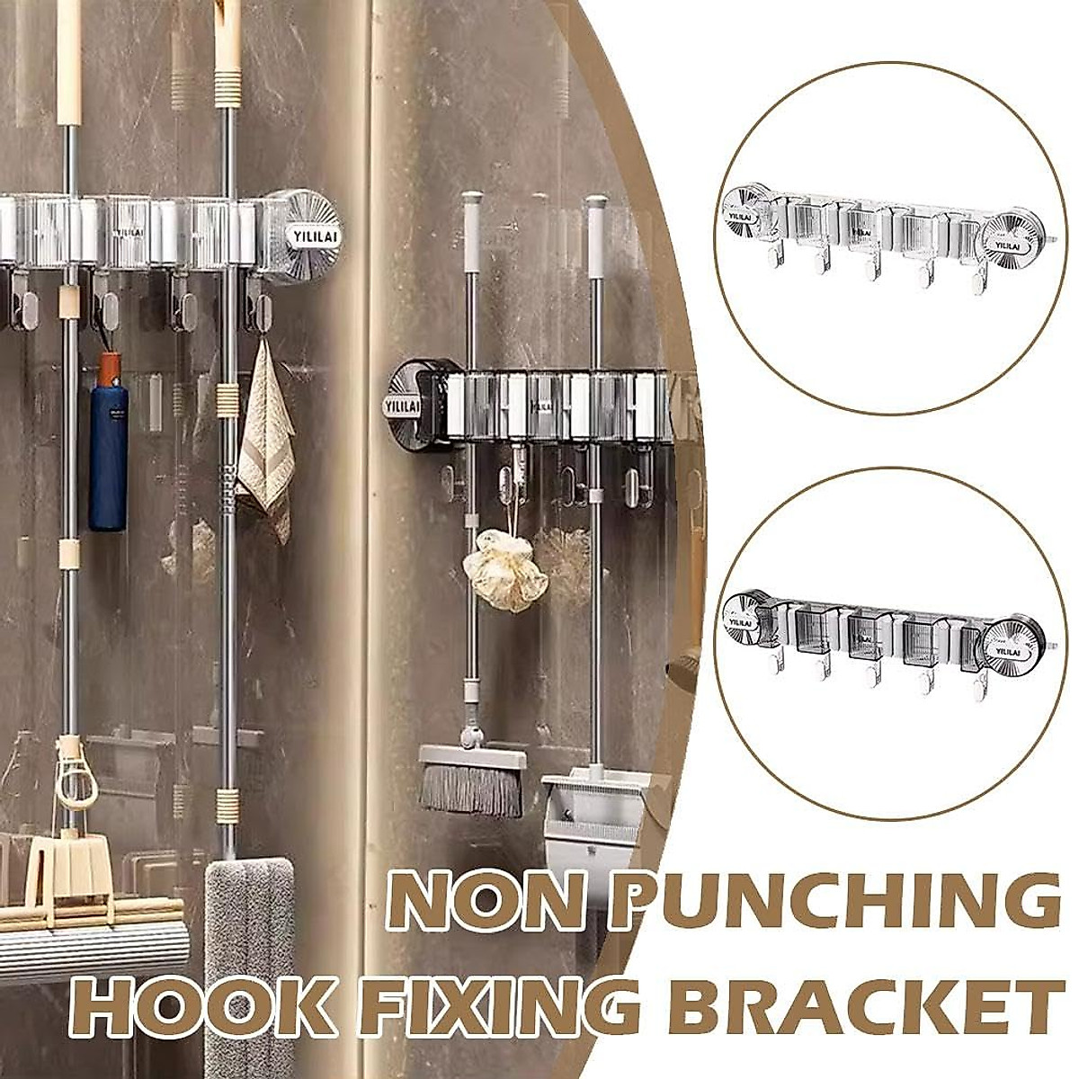 Suction Cup Mop Wall Hanging,Bathroom Row Suction Cup Mop Clip,Sliding Brooms Mop Holders,Organizer Mop And Broom Storage Tool Rack,for Laundry Room