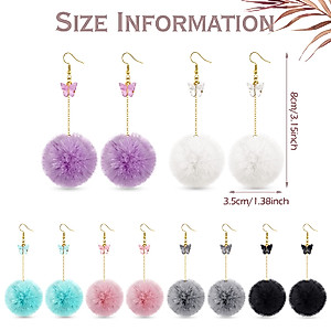 6 Pairs Butterfly Pom Pom Earrings Drop Dangling Colorful Pom Pom Earrings Winter Jewelry Butterfly Pendant Earrings Faux Fur Fluffy Ball Earrings for Women