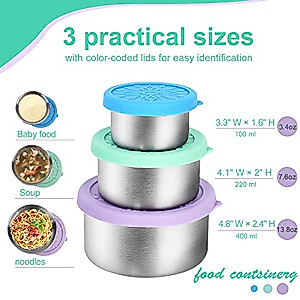 KEFULDA Stainless Steel Containers with Lids Set of 3 (13oz/7oz/3oz) Eco-Friendly, Reusable and Leakproof Stainless Steel Snack Containers for Kids Easy to Open