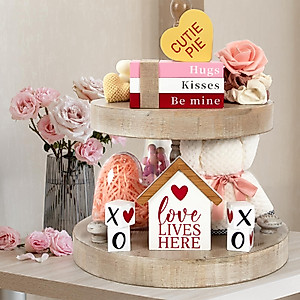 DAZONGE Valentines Day Decor, 6PCS Valentine Tiered Tray Decor, Be Mine Book Stack, XOXO, Love Lives Here House Valentine Signs, Freestanding Valentines Table Decorations for Wedding, Anniversary Events