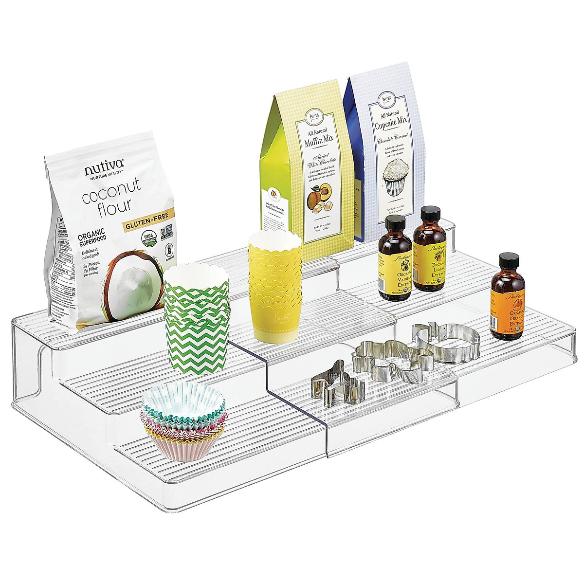 mDesign Plastic Spice and Food Kitchen Expandable Cabinet Shelf Organizer - 3 Tier Storage - Modern Compact Caddy Rack - Holds Spices/Herb Bottles, Jars - for Shelves, Cupboards, Refrigerator - Clear