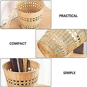 Hemoton Shelf Woven Rubbish Basket Round Bamboo Waste Basket Rattan Trash Can Straw Storage Baskets Wooden Garbage Can Decorative Laundry Hamper Flower Basket Vase Woven Wastebasket Office Decor