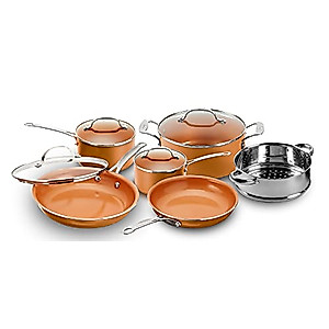 Gotham Steel 10-Piece Kitchen Set with Non-Stick Ti-Cerama Coating by Chef Daniel Green - Includes Skillets, Fry Pans, Stock Pots and Steamer Insert – Copper