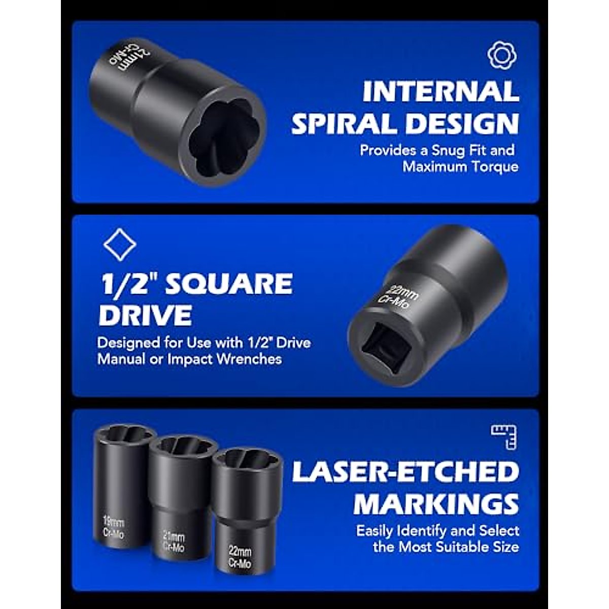 OMT Twist Socket Tool Set, 1/2" Drive 5pc Nut and Bolt Extractor Set, Rounded Bolt & Stripped Lug Nut Remover Tool Kit