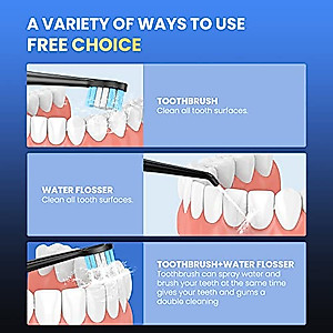 Water Dental Flosser with Electric Toothbrush, One Switch Between Tooth Brush & Water Floss, 3 in 1 Teeth Cleaning Kit with 4 Modes, Water Flosser Portable for Travel and Home (Black)