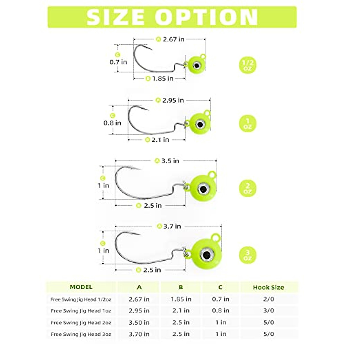 BLUEWING Free Swing Jig Head 1pc Freshwater Fishing Lures Lead Head Jig for Perch Crappie Bluegill Bass Fishing, Size 3oz, Yellow/Green