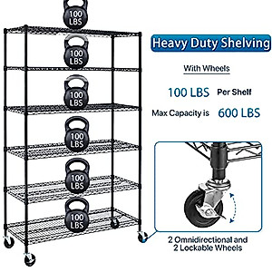 6000Lbs Capacity Heavy Duty Shelving, 6 Tier Wire Shelving Unit on Wheels, NSF Certified Adjustable Storage Shelves Rack for Garage Pantry Basement (18"x 48"x 76", Black) (Black)