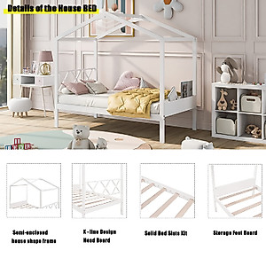Full House Bed for Kids Montessori Bed with Headboard and Storage Footboard Wood Platform Bed Frame White House Beds for Girls Boys Teens Adults, Full Size, White