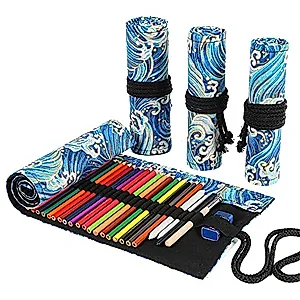 DIYOMR 24/36/72 Slots Pencil Wrap Pencil Rolls, Artist Colored Pencils Roll Up Bag Short Brushes Pouch Case Pencils Organizer for Drawing Coloring and Sketching (Blue Ocean, 72slots)