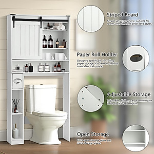 YOCONYO Over The Toilet Storage Cabinet, Farmhouse Over Toilet Cabinet Included Sliding Barn Door,Toilet Paper Holder Stand and Adjustable Bottom Bar, Freestanding Toilet Rack for Bathroom,White