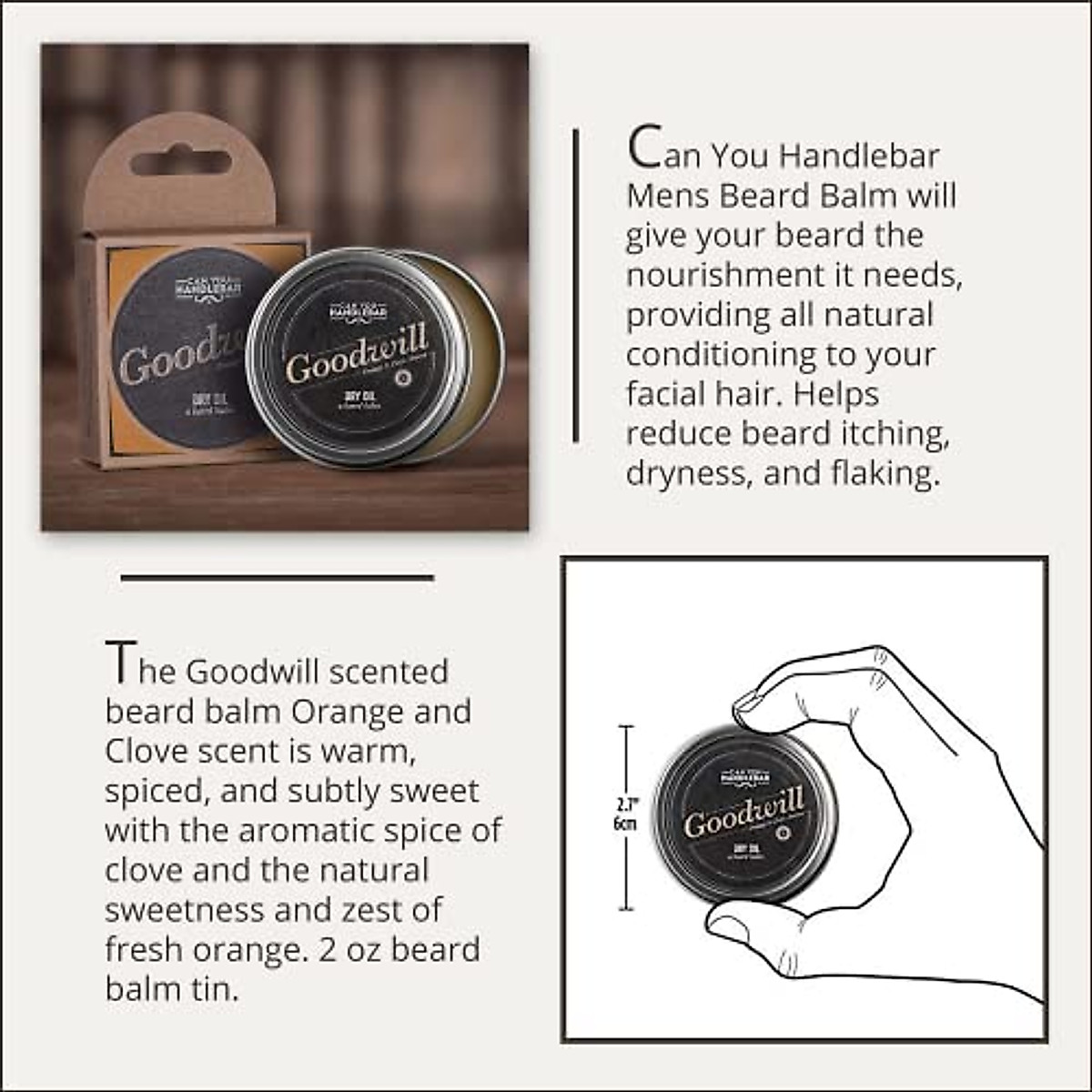 CanYouHandlebar Beard Balm for Men, Dry Oil Beard Wax, Natural Beard Care Conditioner Moisturizer Softener Grooming Products, Orange and Clove Scent, 2 oz Stainless Steel Tin