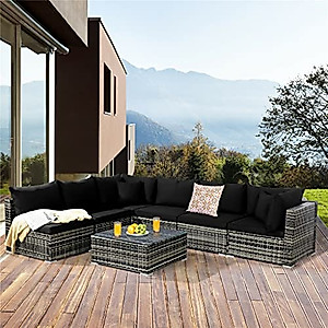 SLNFXC 7PCS Patio Rattan Furniture Set Sectional Sofa Garden Black Cushion Corner Sofas and Single Sofas
