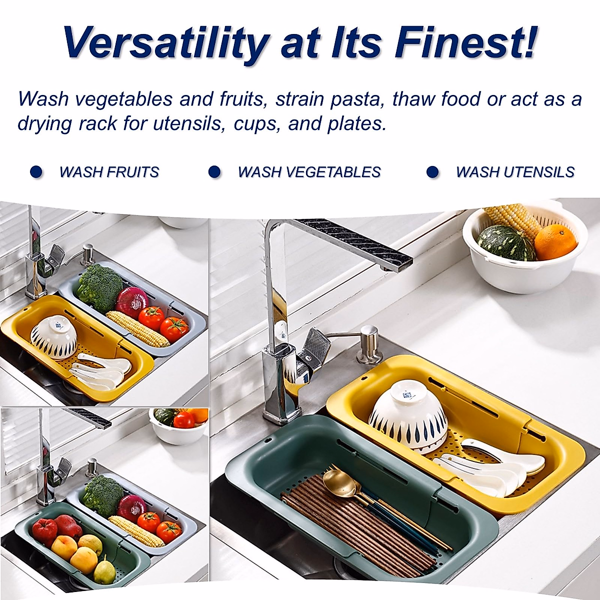 YUNKWONG Extendable Sink Colander Strainer Basket - Wash Vegetables and Fruits, Drain Cooked Pasta and Dry Dishes - Adjustable Over the Sink Colander Collapsible Drainer Basket -Gray