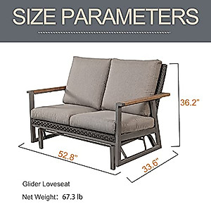 LOKATSE HOME Patio Glider Rocking Chair Outdoor 2 Person Bench Metal Swing Loveseat with Faux Wood Armrest, Wicker Backrest and Thick Cushion, Grey