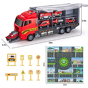 Toddler Toys for 3-9 Years Old Boys Die-cast Emergency Fire Rescue Vehicle Double Side Transport Car Toy Set W/Play Mat, Alloy Metal Fire Truck Gifts for Age 3 4 5 6 Kids Boys Girls Birthday Party