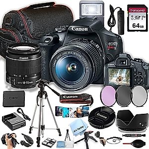 Canon EOS Rebel T7 DSLR Camera w/EF-S 18-55mm F/3.5-5.6 is II Zoom Lens + 64GB Memory, Filters,Case, Tripod, Flash, Remote, and More (35pc Bundle) (Renewed)