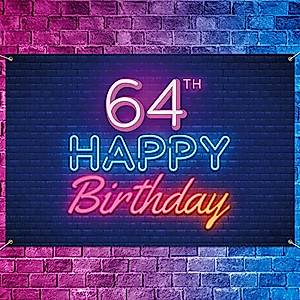 Glow Neon Happy 64th Birthday Backdrop Banner Decor Black – Colorful Glowing 64 Years Old Birthday Party Theme Decorations for Men Women Supplies