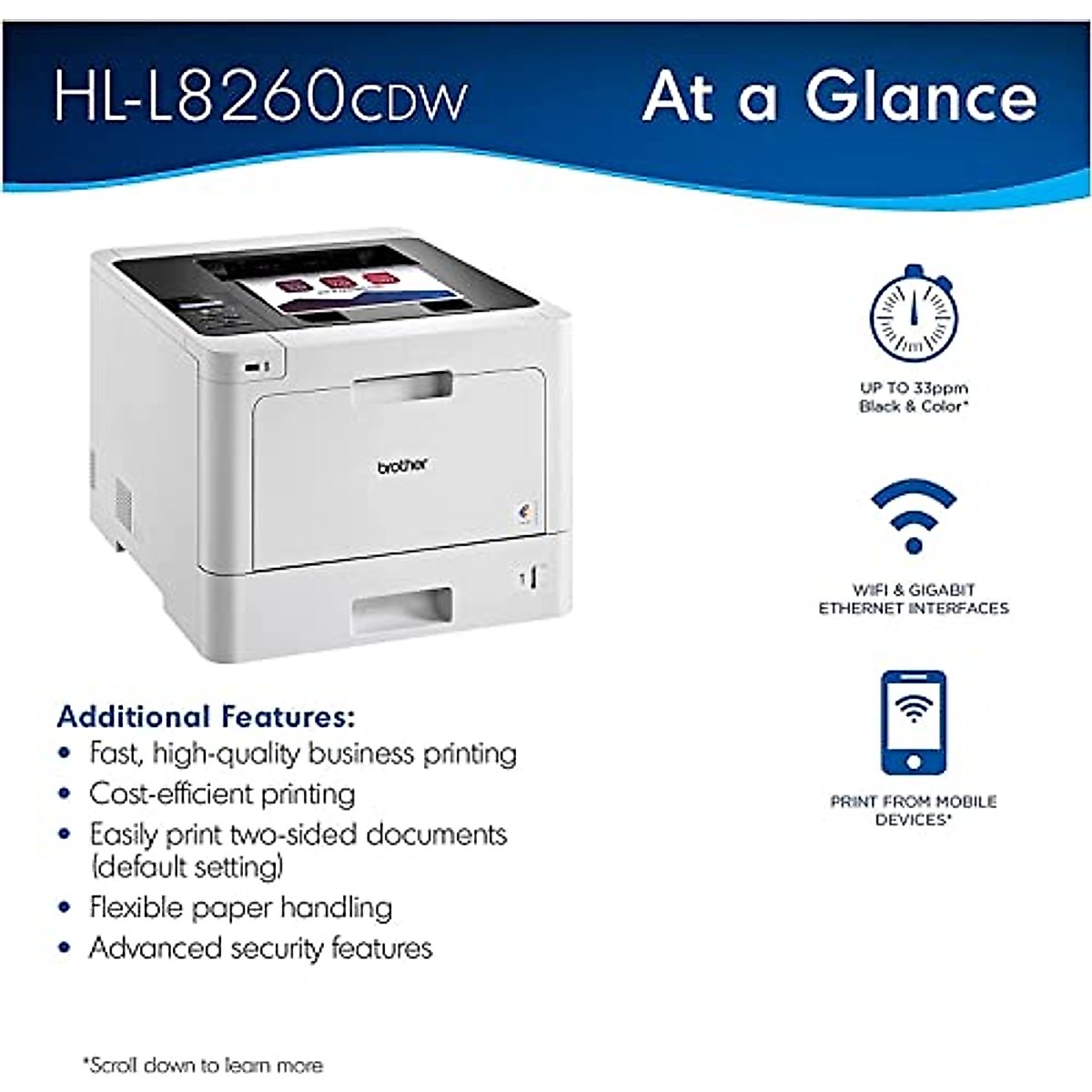 Brother Color HL-L8260CDW Single-Function Wireless Laser Printer, White - Print Only - 33 ppm, 600 x 2400 dpi, 8.5 x 14 Print Size, Auto 2-Sided Printing, Ethernet