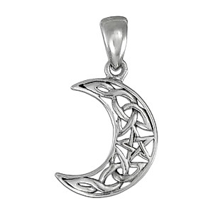 Small Sterling Silver Celtic Knot Crescent Moon Pentacle Pendant