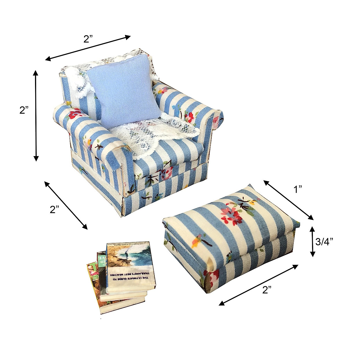 Dollhouse DIY Kit, Sofa Chair with Ottoman, Miniature Living Room Furniture Armchair, Blue White Fabric, Accessories for 3 to 4 inch Dolls, 1/24 Scale