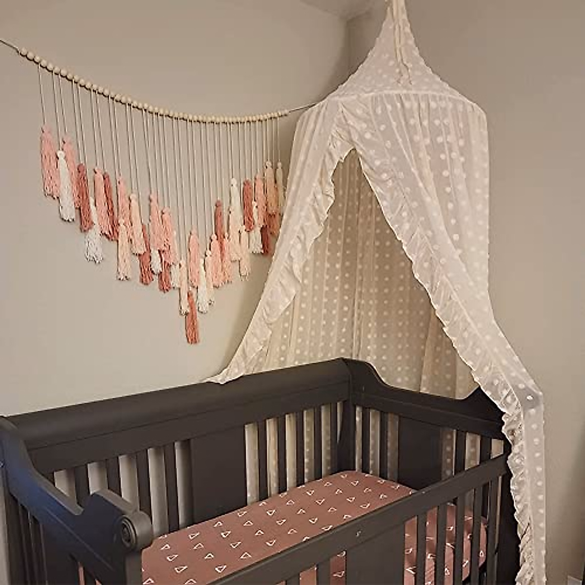 Kids Bed Canopy for Girls, Beige Crib Canopy Princess Hanging Children Canopy Tent, Toddler Girl Canopy Bed Netting for Baby Room Bedroom Reading Nook, Macrame Lace Boho Nursery Canopy with Pom Pom