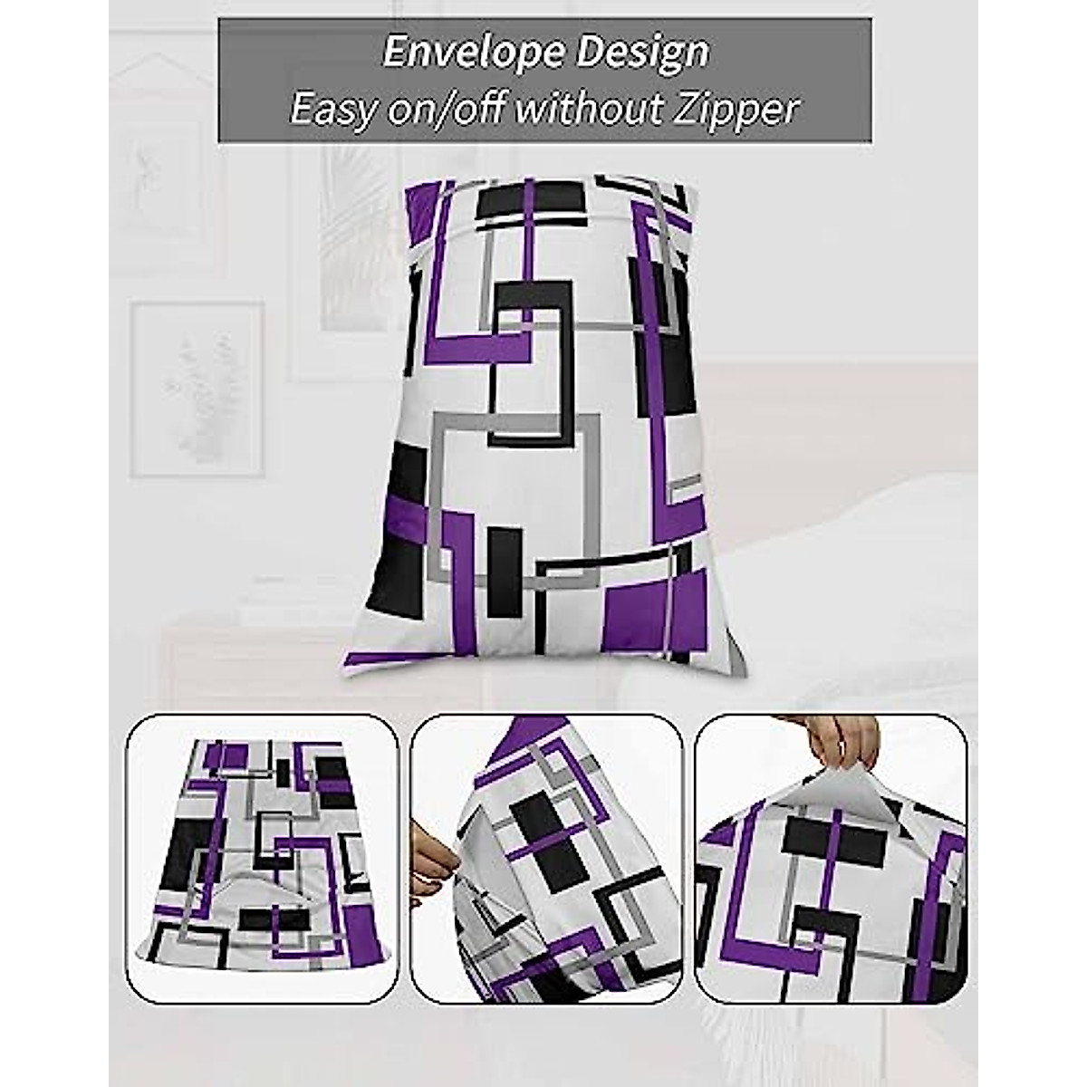 Edwiinsa Purple Grey Black Pillow Covers Standard Size Set of 2 20x26 Bed Pillow, Modern Geometry Abstract Art Aesthetics Plush Soft Comfort for Hair/Skin Cooling Pillowcases with Envelop Closure