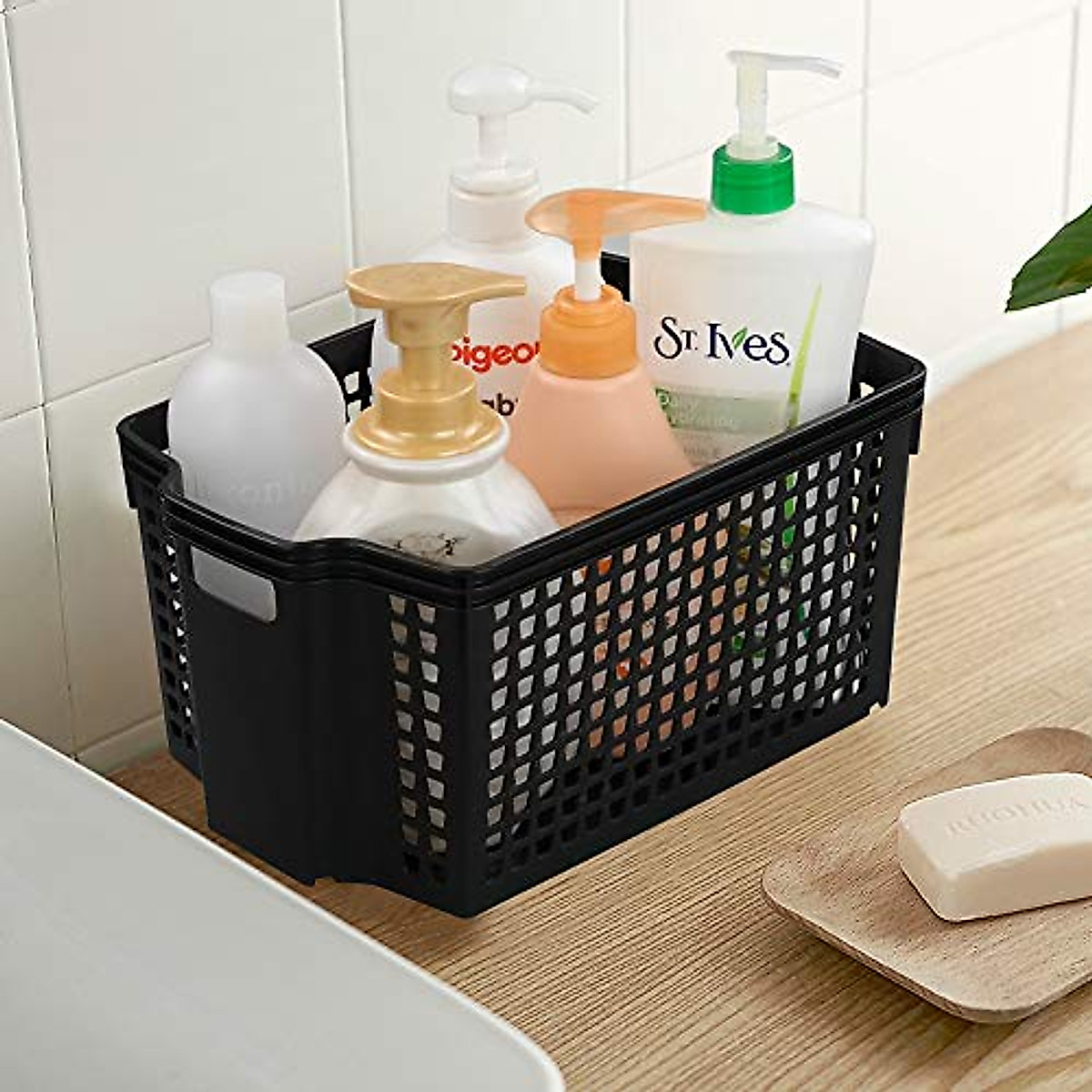 Yubine Black Plastic Storage Basket, Stacking Baskets Bin, 6 Packs