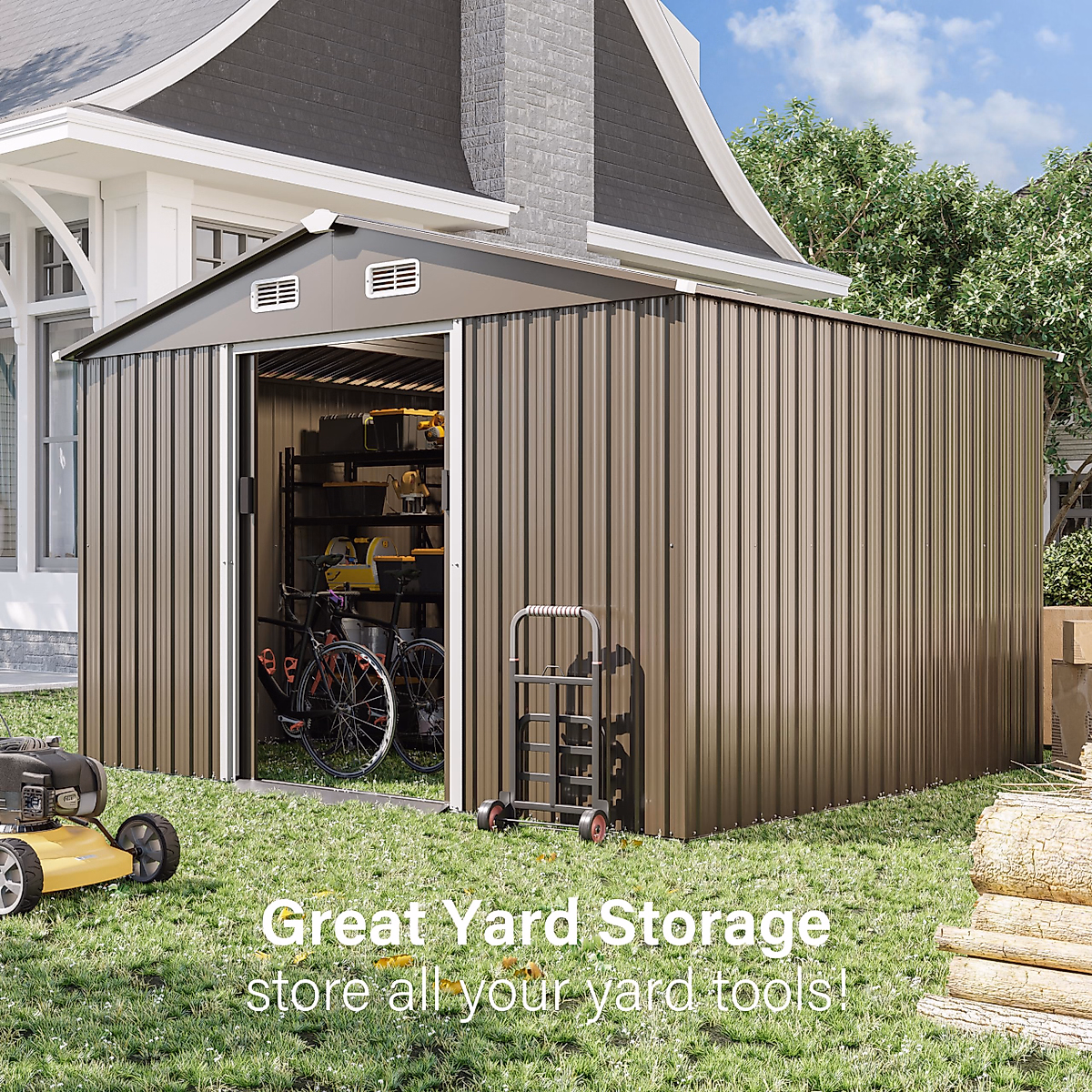 RTDTD 10FT x 8FT Outdoor Storage Shed, Waterproof, Lockable Door Metal Tool Shed with Sliding Door and Air Vents, Storage House for Gardening Tools, Metal Storage Shed for Garden, Backyard, Lawn