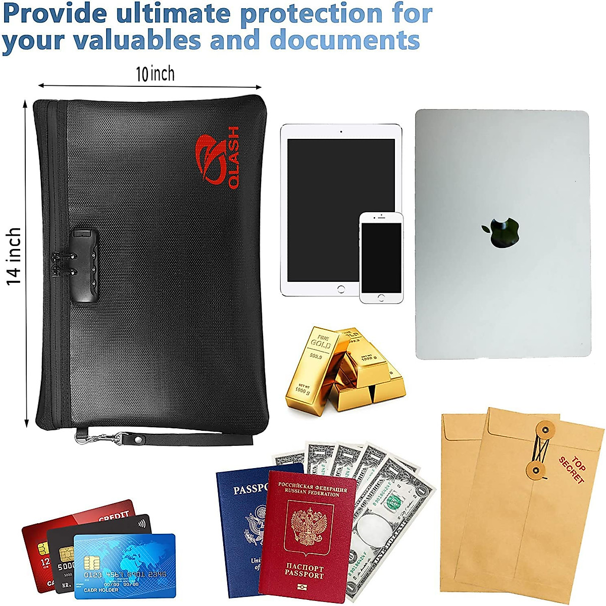 Fireproof Document Bag with Lock & Zip, 14X10" Large Fireproof Bag, Water Resistant and Fire Safe Storage for Important A4 Paper, Legal File, Cash, Battery and More