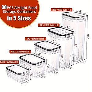 30 Pack Airtight Food Storage Containers for Kitchen Pantry Organizers and Storage, Plastic Kitchen Storage Canisters with Lids,Cereal, Flour & Sugar Containers - Labels, 6 Spoon & Marker
