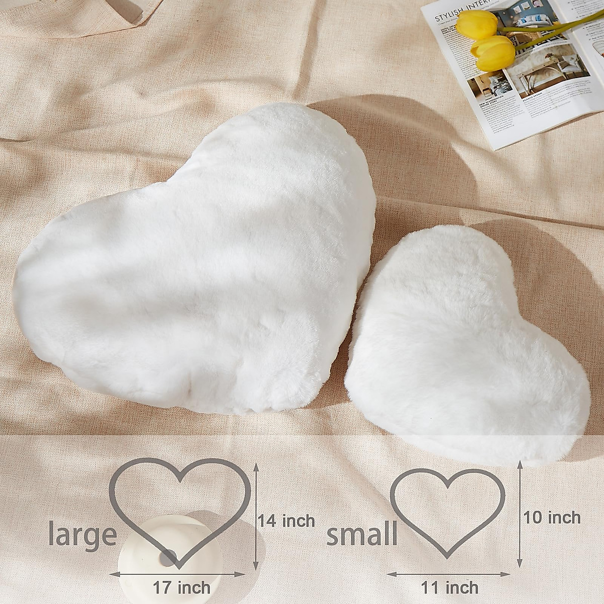 YRXRUS Heart Pillow, White Heart Pillows, Love Pillow Gifts, 14X17 Inch Large Heart Shaped Pillows, Faux Rabbit Fur Coquette Room Decor Throw Pillows, Living, Bedroom, Indoor Outdoor