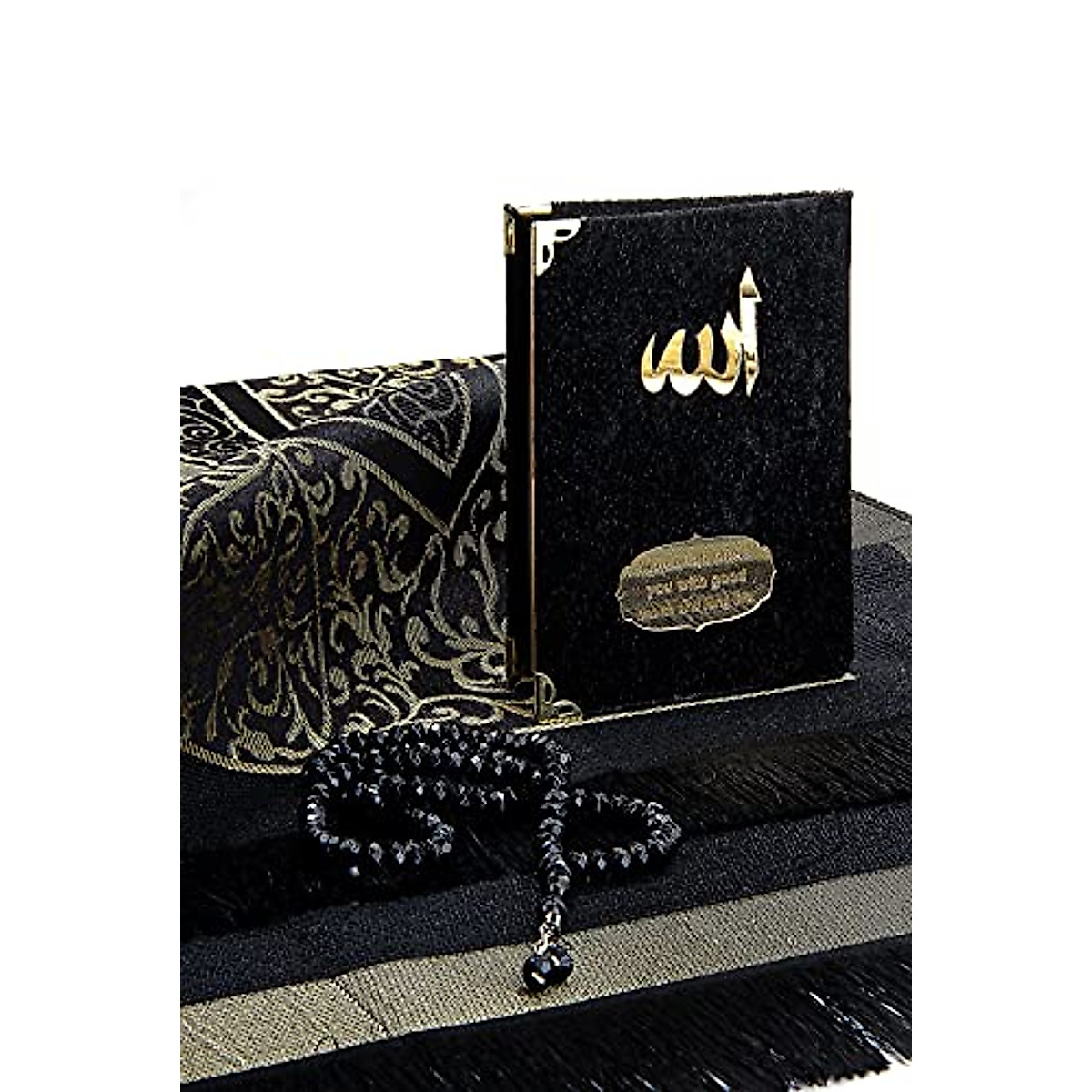 ihvan online Taffeta Fabric Muslim Prayer Rug & Velvet Covered Yaseen Surah Pocket-Size Book & Crystal Prayer Beads Set with Kraft Boxed, Perfect Islamic Ramadan Eid Gifts, Black