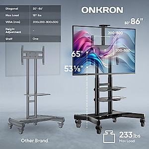 ONKRON Mobile TV Stand with Wheels Rolling TV Stand for 40-65 Inch LED LCD Flat or Curved Screen TVs up to 100 lbs - Height Adjustable TV Cart with Shelves - max VESA 600x400 (TS1351) Black