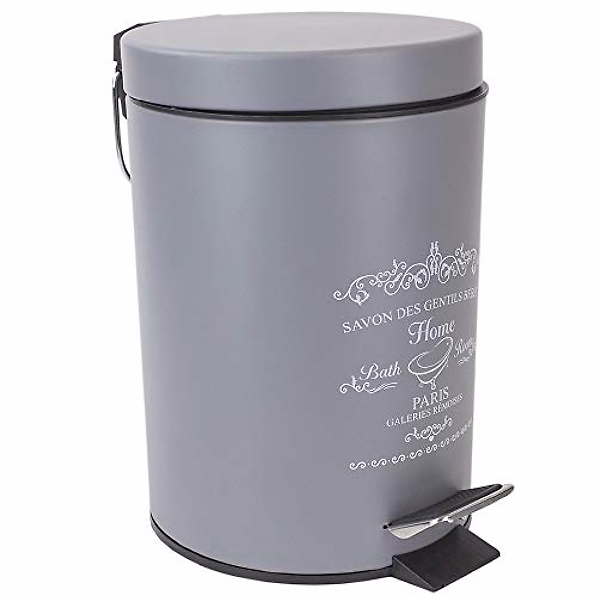 Home Basics Paris Collection Bathroom Accessories, Office, Bedroom, Decorative Waste Basket With Stylish Accent Decor To Complement Any Bathroom, 3 Liter Waste Bin, Grey