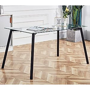 Glass Dining Table for 4-6 with Clear Rectangular Glass Top, 51 inch Modern Tempered Glass Kitchen Table with 4 Coated Metal Legs, 0.31" Thick Tabletop for Home Office Kitchen Dining Room, Black