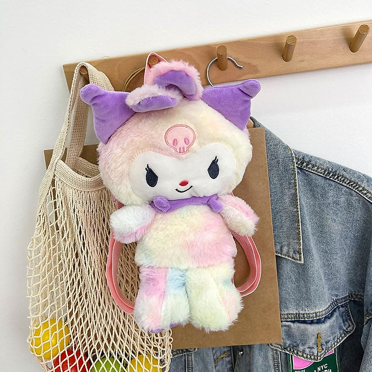 Awcvire Kuromi My Melody Plush Backpack, 15.7" Cute Cartoon Figure Plush Doll Schoolbag For Kids and Girls, Adorable Plush bag for Series Fans (Purple-A)
