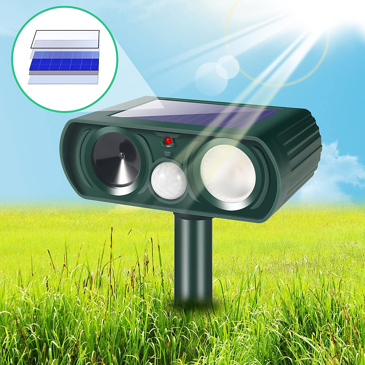 Jahy2Tech Solar Ultrasonic Animal Repellent Outdoor,Deer Repellent Devices with Motion Sensor & Flashing Light,Cat Squirrel Raccoon Skunk Rabbit Repellent Outdoor Animal Repeller Deterrent (1), Green