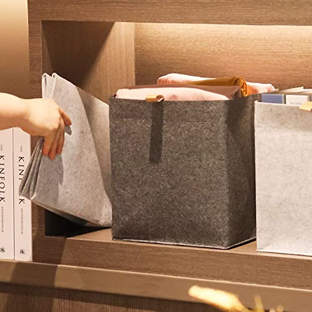 MILILOVE 4Pcs Felt Storage Basket 9x9x10 inch Cube, Fabric Cloth Storage Bin, Collapsible Organizer Basket with Handle for Cloth Toys Underwears Bedroom Playroom Office (with free decorations)