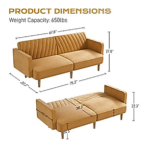 OUYESSIR Futon Sofa Bed, 75.3", Couch, Small Sofa, Sleeper Sofa, Loveseat, Mid Century Modern Velvet Futon Couch with 2 Pillows for Living Room (Yellow Velvet, Futon)